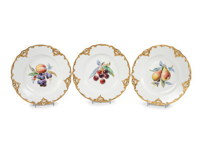 Three Meissen Porcelain Parcel Gilt and Hand Painted Fruit Plates Lot 12