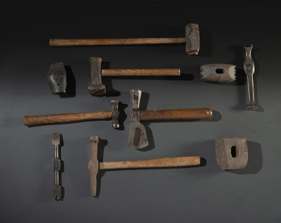Ten Cast Iron Logging Stamps and Hammers Lot 241