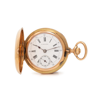 P. MOSER, 14K YELLOW GOLD HUNTER CASE POCKET WATCH Lot 387