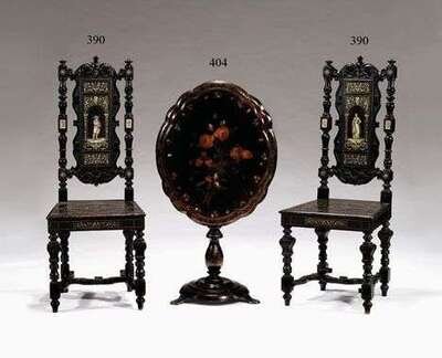 Pair of Milanese ebonized & bone inlaid side chairs 19th c. Lot 390