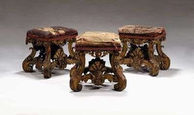 Set of three Italian Rococo-style carved gilt-wood stools 19th c. Lot 379