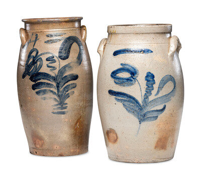 Two Four-Gallon Cobalt Decorated Stoneware Crocks Lot 234