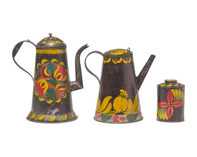 A Group of Three Tole- Decorated Asphaltum Tinware Tablewares ...