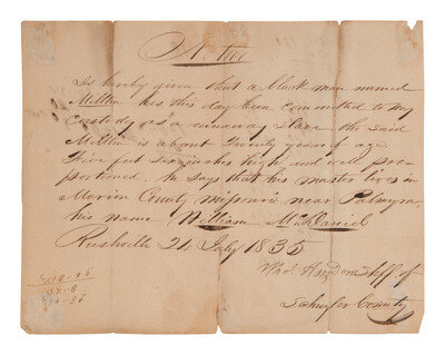 [ENSLAVEMENT]. Notice of capture for a "runaway slave" named Milton ...