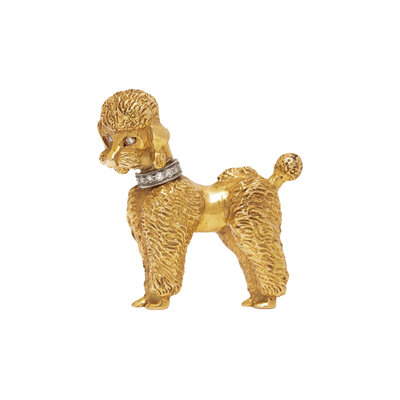 MERRIN, YELLOW GOLD AND DIAMOND POODLE BROOCH Lot 43