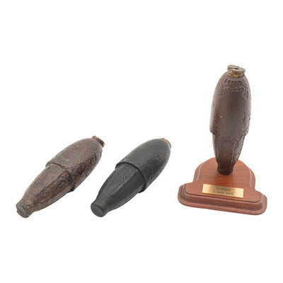 Two Excavated Civil War Schenkl Shells & A Reproduction Display Schenkl ...