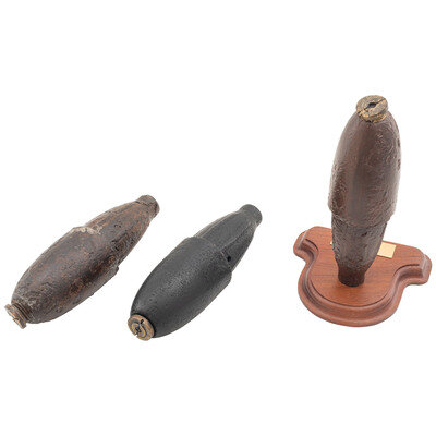 Two Excavated Civil War Schenkl Shells & A Reproduction Display Schenkl ...